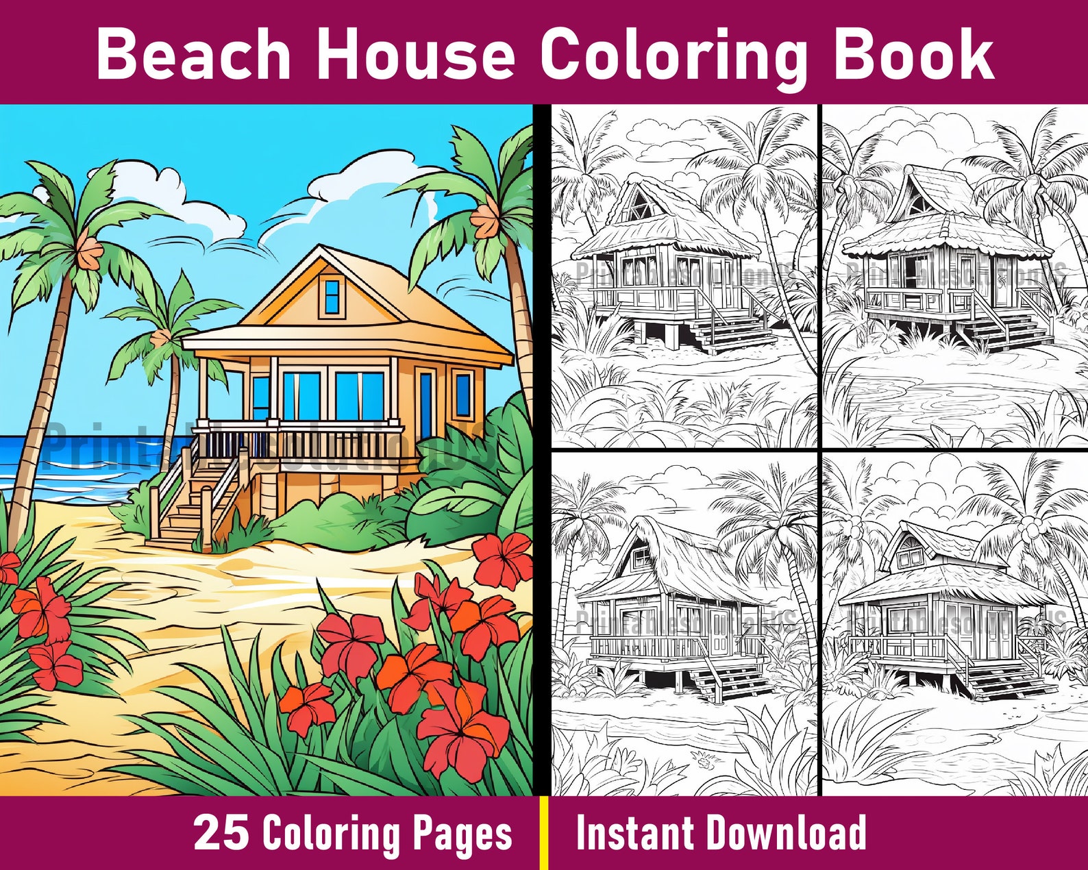 Beach House Coloring Book | 25 Printable Cottage Pages (PDF Download ...