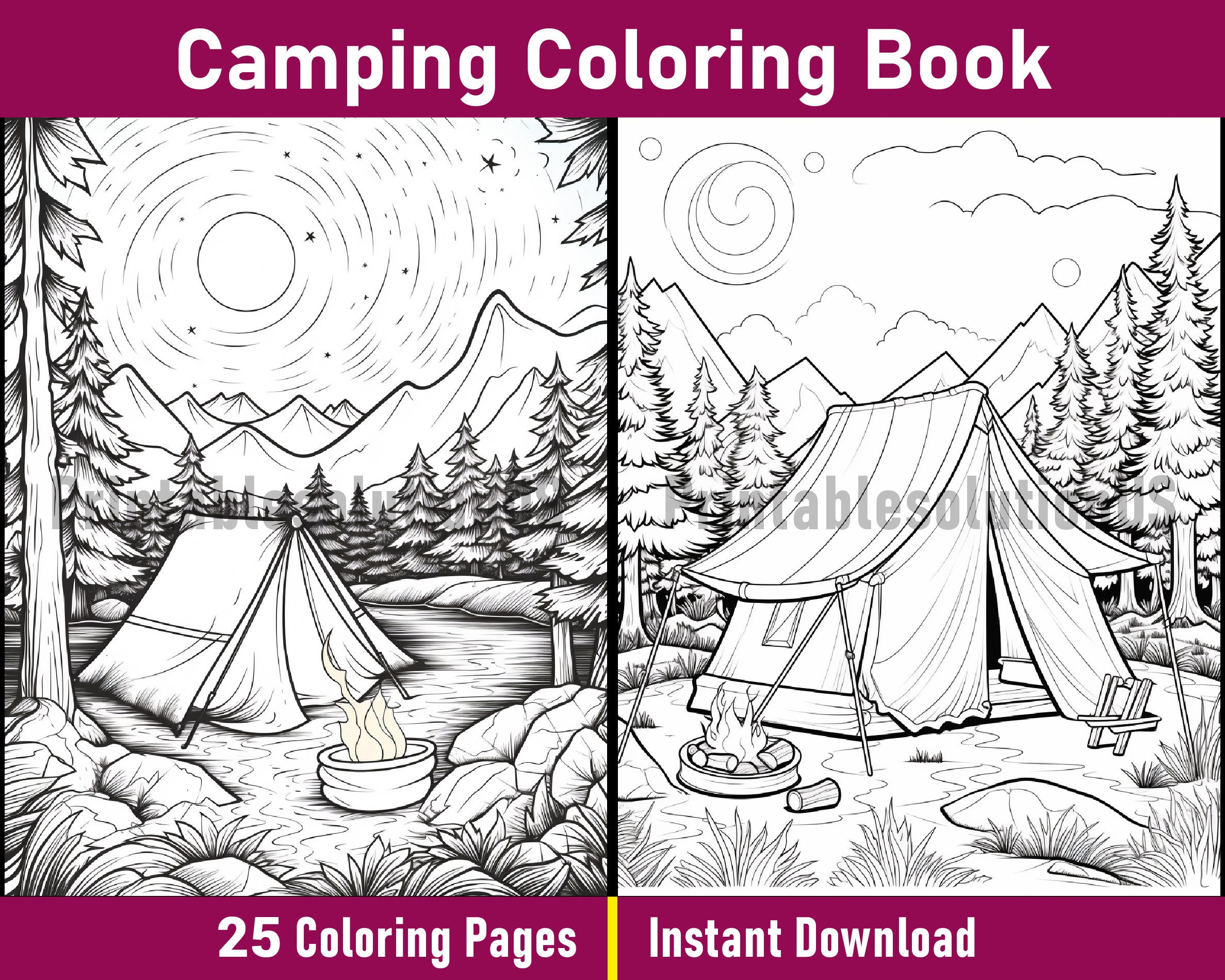 Camping Coloring Book | Printable Summer Coloring Pages | Grayscale ...