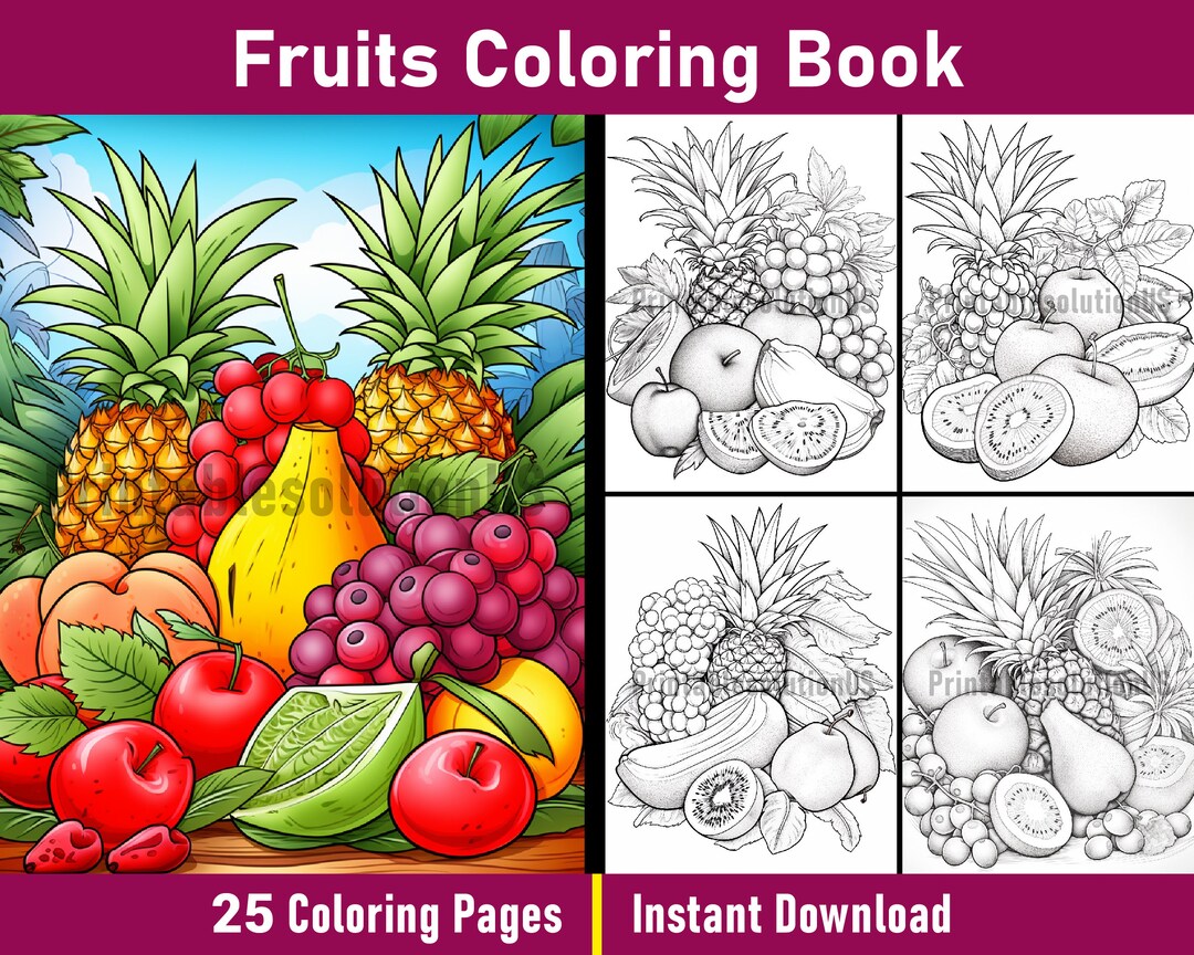 Fruits Coloring Book | Printable Summer Coloring Pages | Grayscale ...