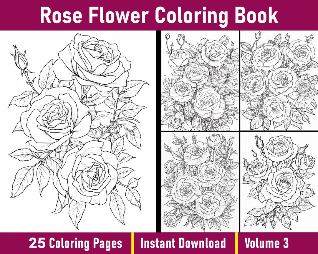 Rose Coloring Book | 25 Floral Pages, Grayscale for Adults (PDF File ...
