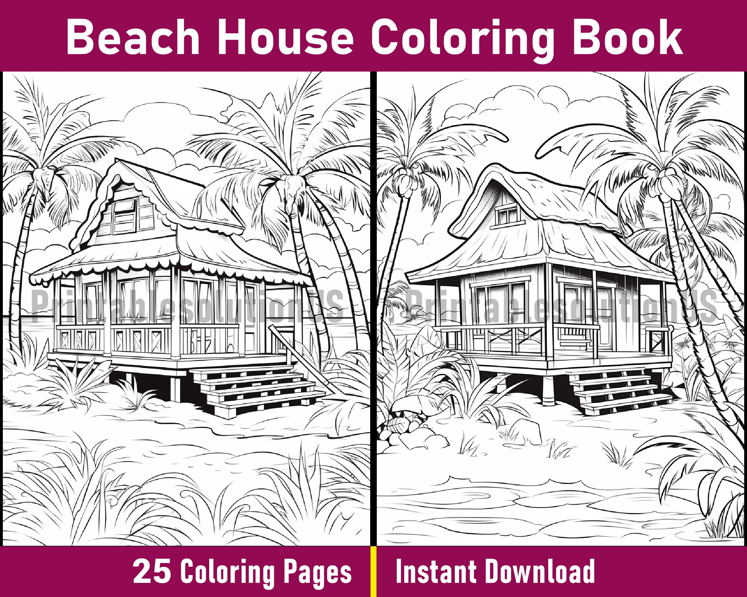 Beach House Coloring Book | 25 Printable Cottage Pages (PDF Download ...