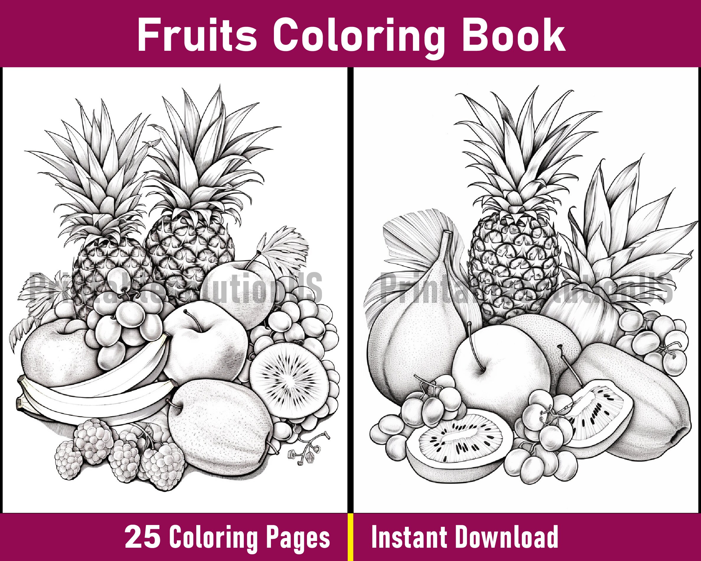 Fruits Coloring Book | Printable Summer Coloring Pages | Grayscale ...