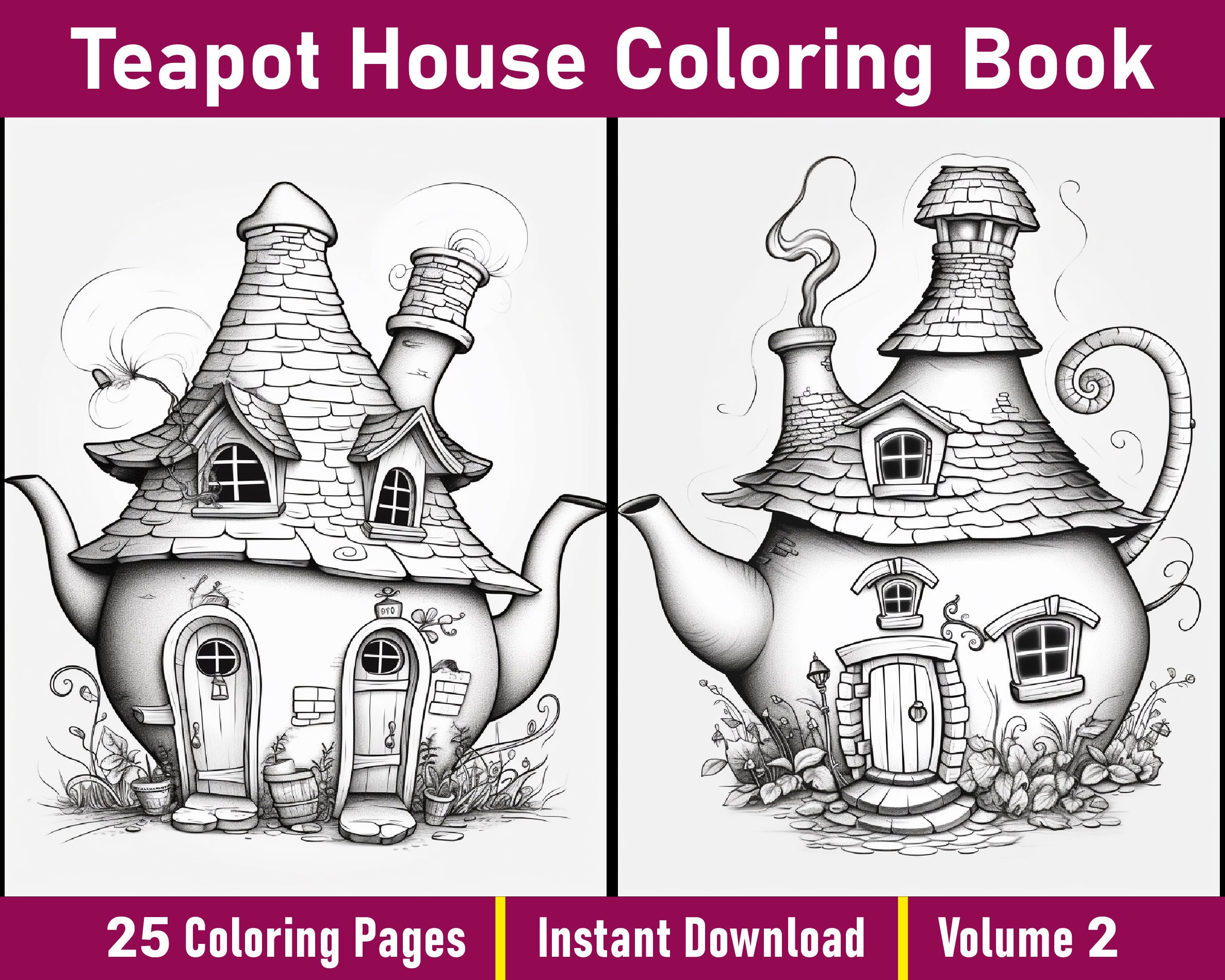 Teapot House Coloring Book V-2 | Whimsical Teapot Fairy House Coloring ...