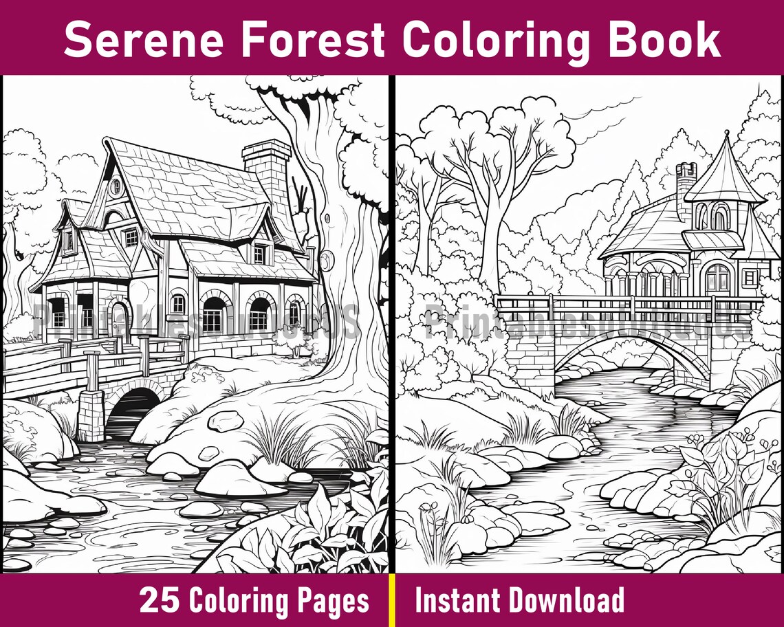 Serene Forest Coloring Book Printable Forest House Coloring Pages Black ...