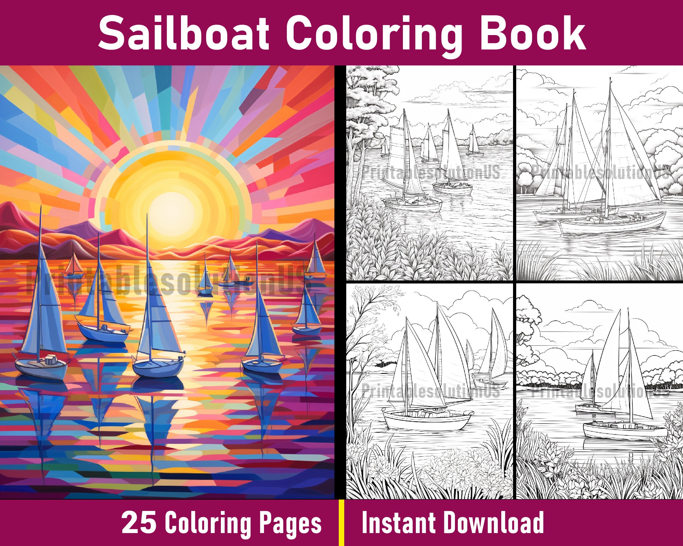 Sailboat Coloring Book | Printable Sailboat Coloring Pages | Black and ...