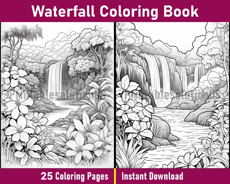 Waterfall Coloring Book V-3 | Printable Nature Coloring Pages | Black ...