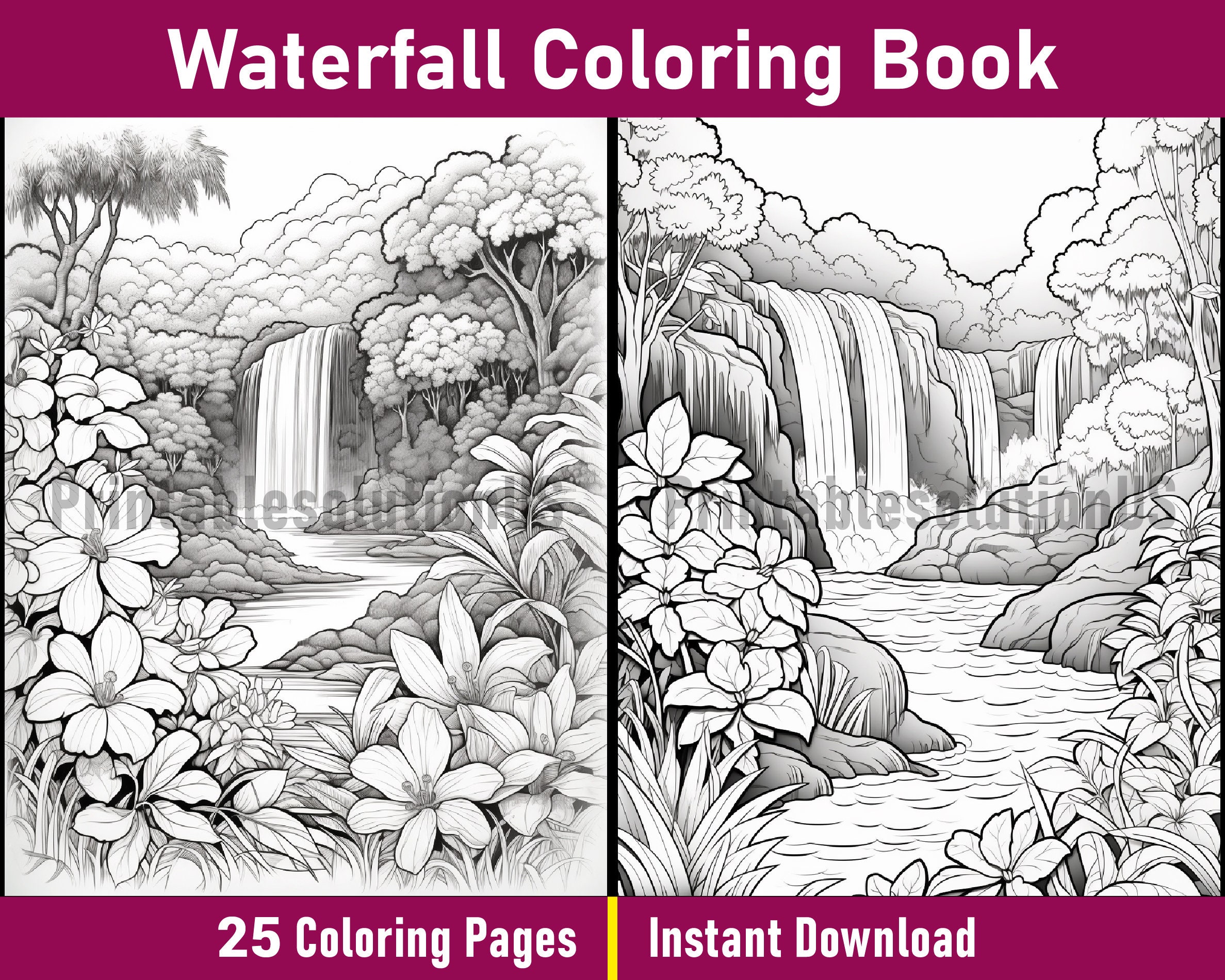 Waterfall Coloring Book V-3 | Printable Nature Coloring Pages | Black ...