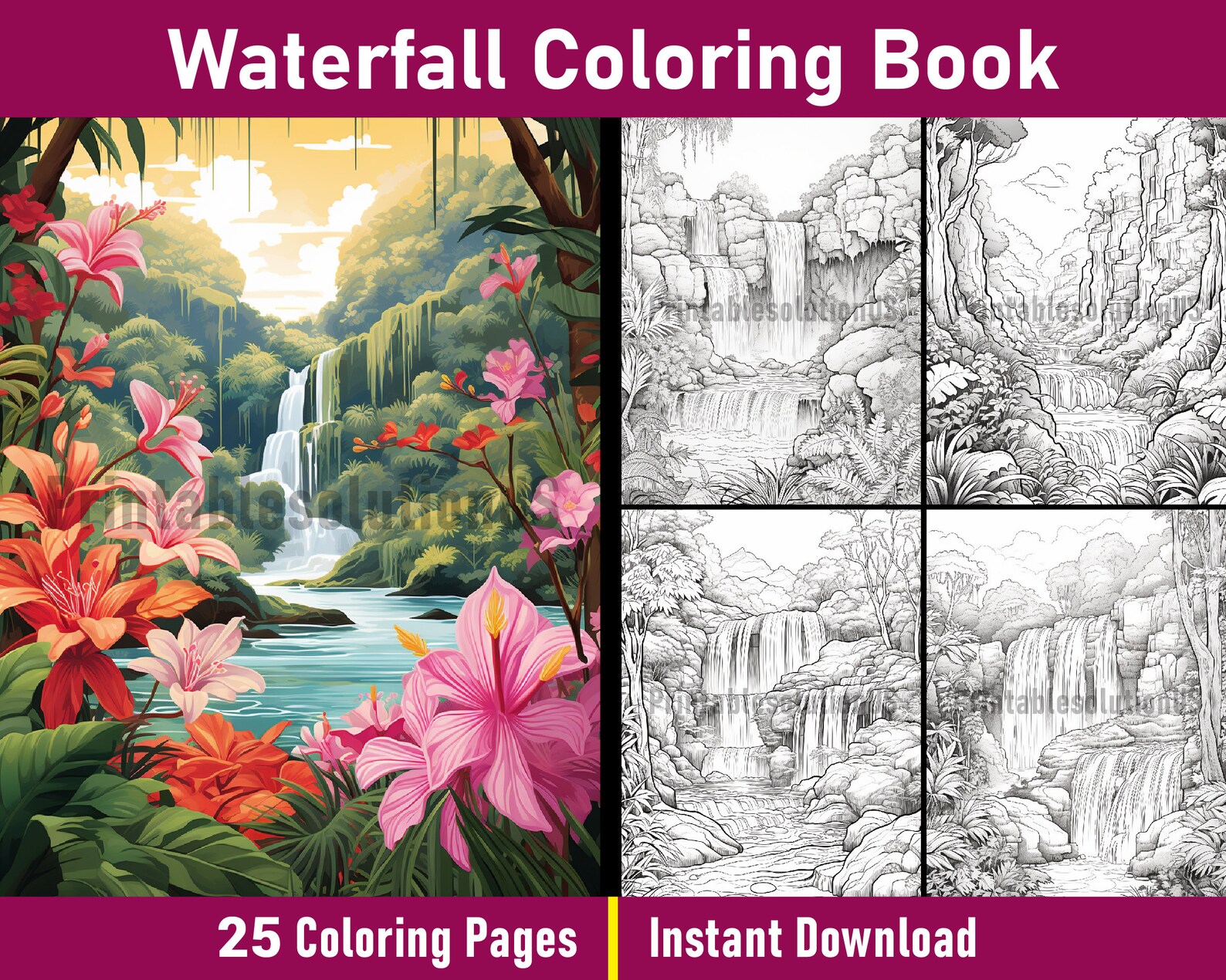 Waterfall Coloring Book V-4 Printable Nature Coloring Pages Black and ...