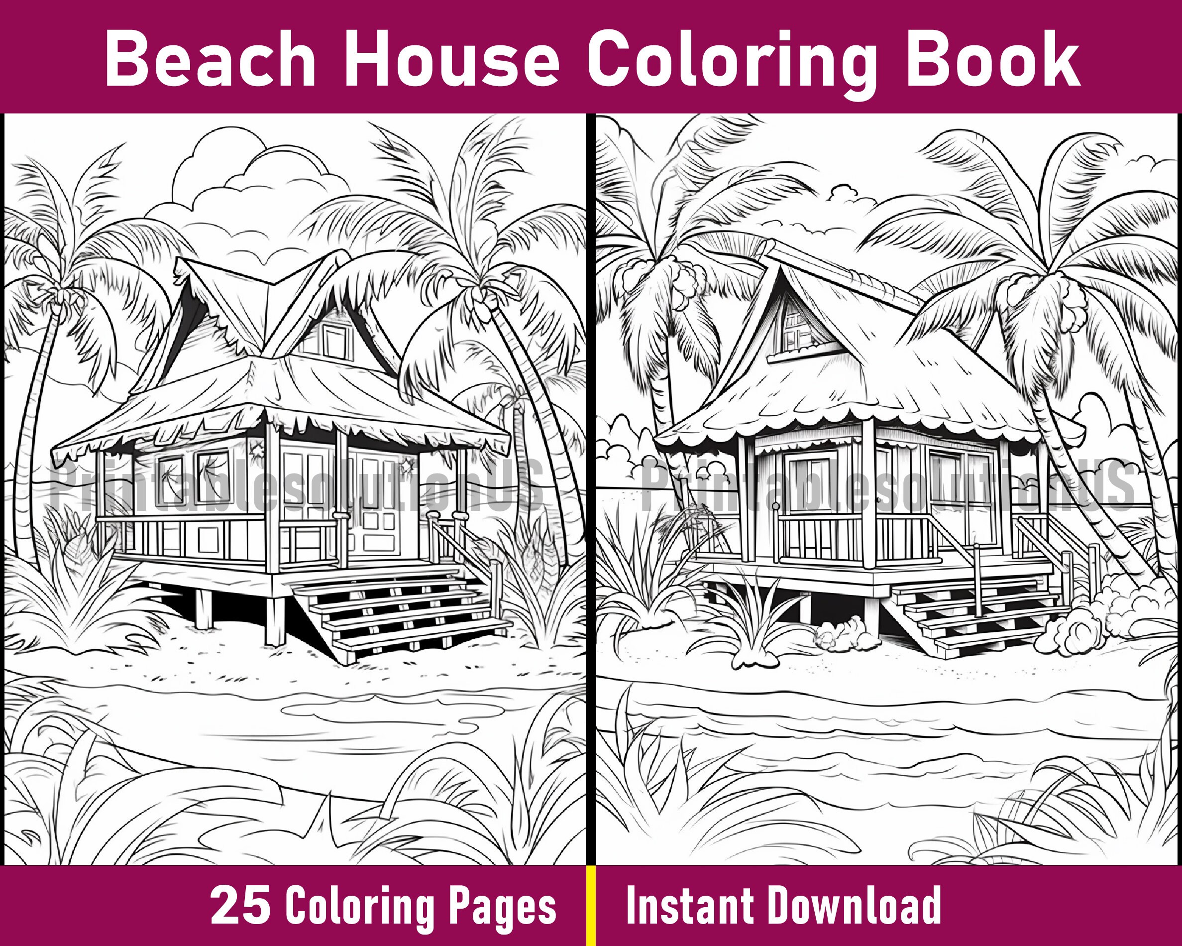 Beach House Coloring Book | 25 Printable Cottage Pages (PDF Download ...