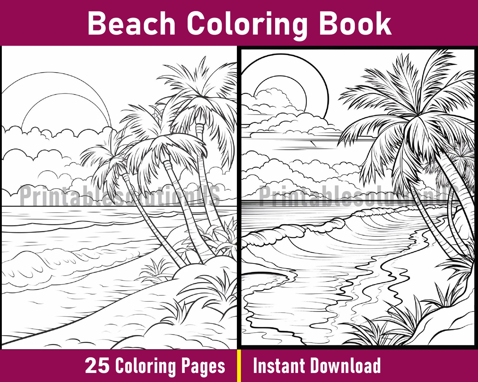 Beach Coloring Book | Printable Summer Coloring Pages | Black and White ...