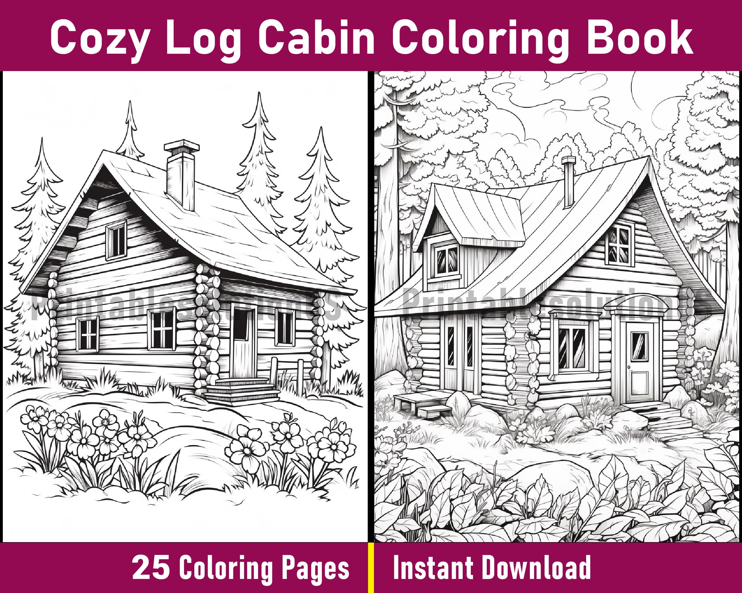 Cozy Log Cabin Coloring Book Pages | Printable Garden House Coloring ...