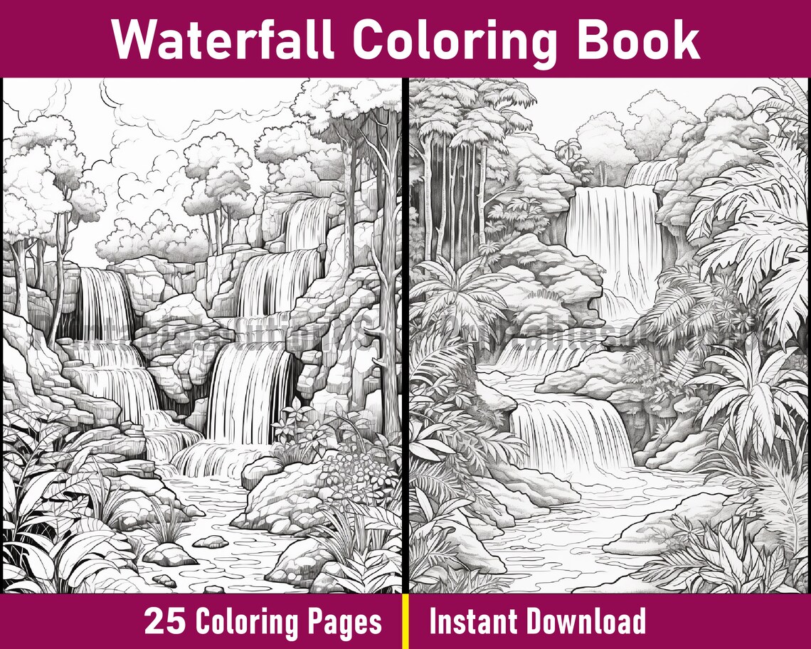 Waterfall Coloring Book V-4 Printable Nature Coloring Pages Black and ...