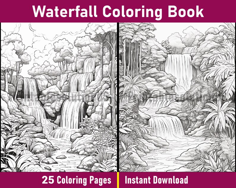 Waterfall Coloring Book V-4 Printable Nature Coloring Pages Black and ...
