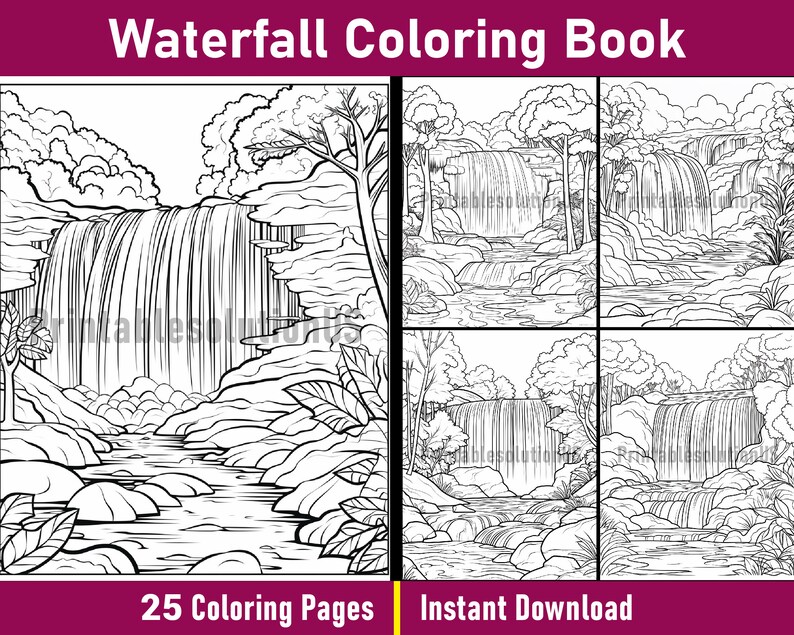 Waterfall Coloring Book V-5 Printable Nature Coloring Pages Black and ...