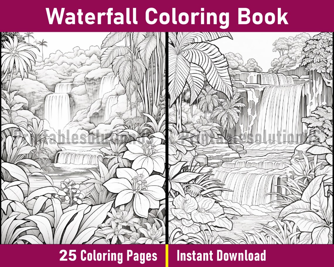 Waterfall Coloring Book V-3 Printable Nature Coloring Pages Black and ...