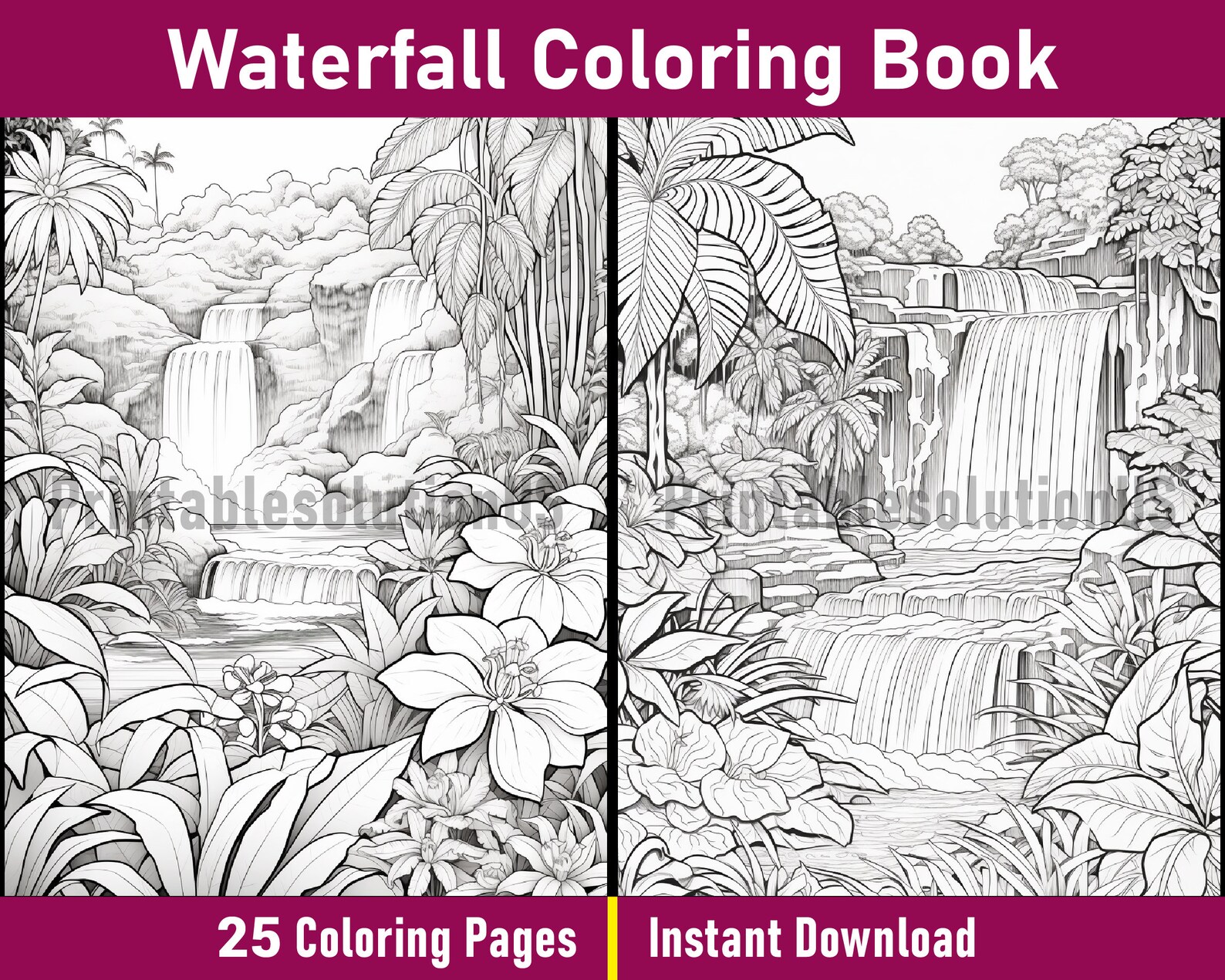 Waterfall Coloring Book V-3 | Printable Nature Coloring Pages | Black ...