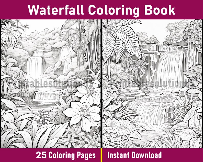 Waterfall Coloring Book V-3 | Printable Nature Coloring Pages | Black ...