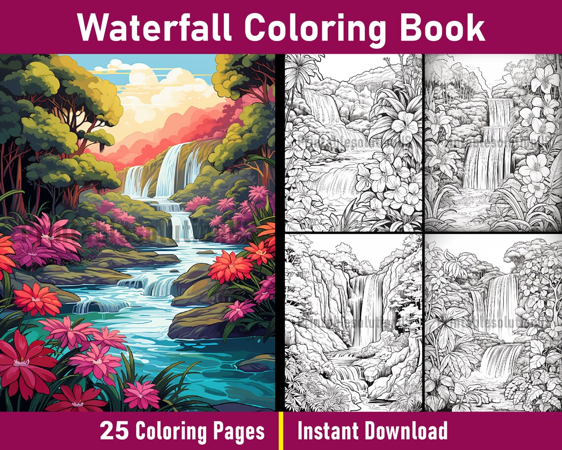 Waterfall Coloring Book V-3 Printable Nature Coloring Pages Black and ...