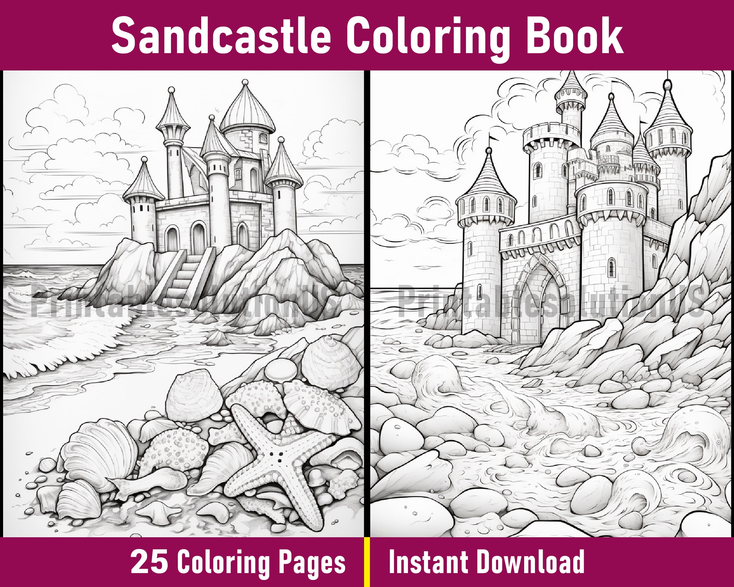 Sandcastle Coloring Book Printable Sandcastle Coloring Pages Black and ...