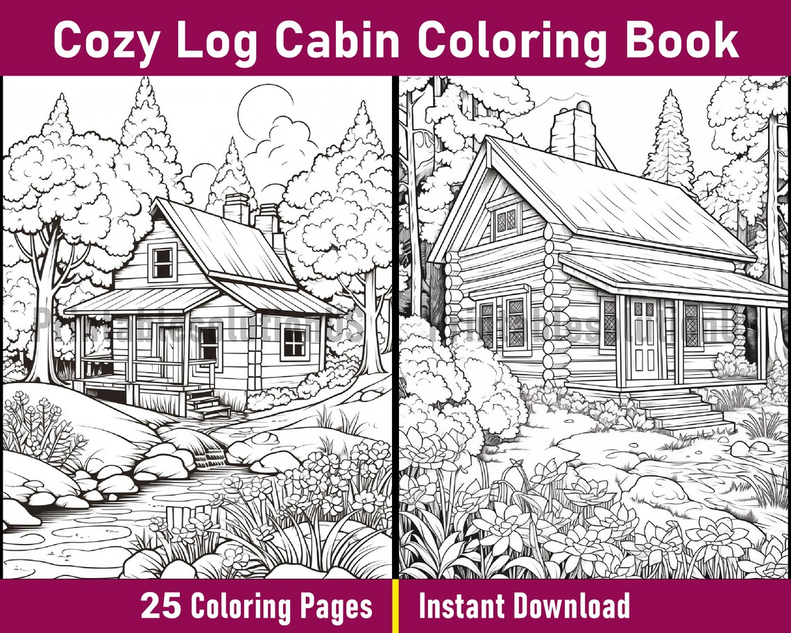 Cozy Log Cabin Coloring Book Pages | Printable Garden House Coloring ...