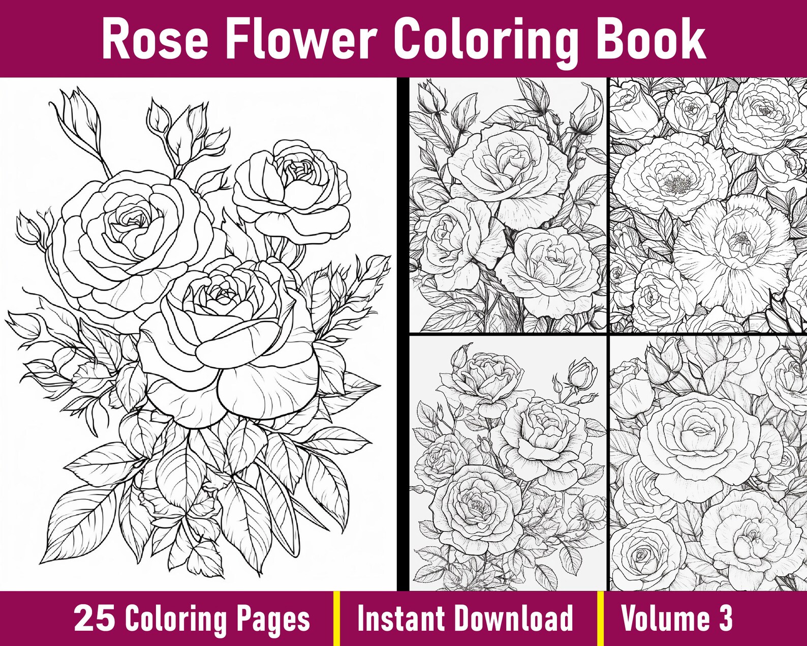 Rose Coloring Book | 25 Floral Pages, Grayscale for Adults (PDF File ...