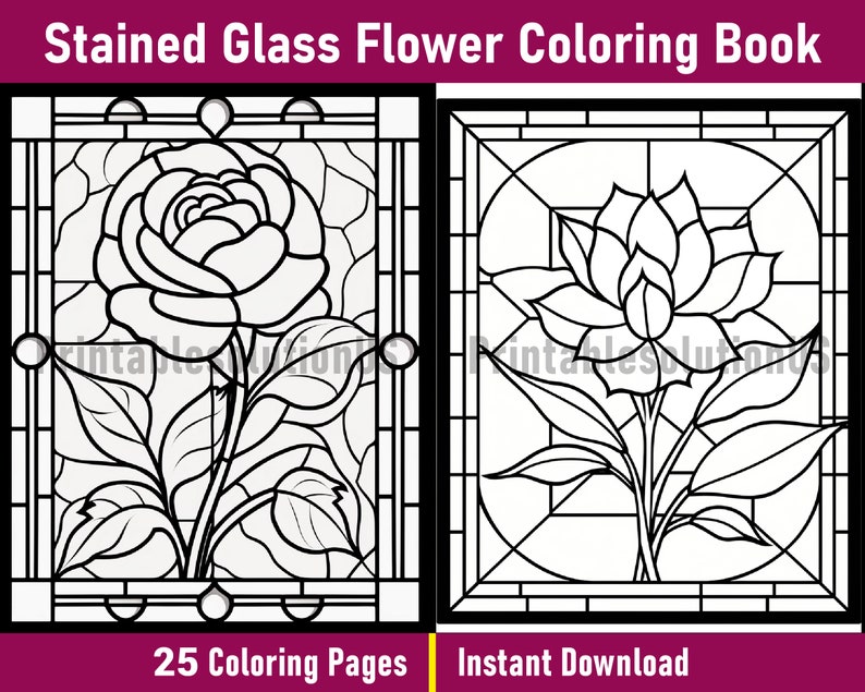 Stained Glass Rose Coloring Book Vol-2 | Rose Flower Coloring Pages ...