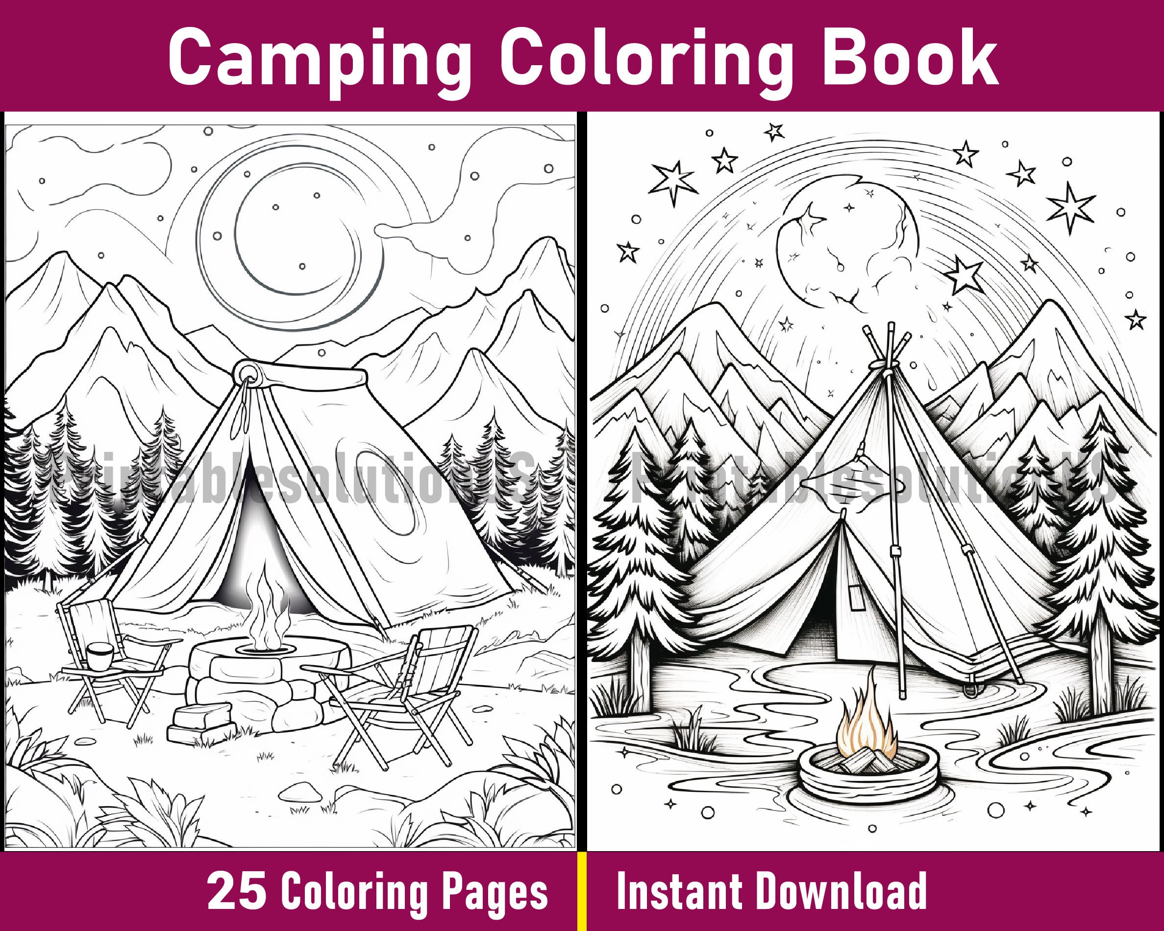 Camping Coloring Book | Printable Summer Coloring Pages | Grayscale ...