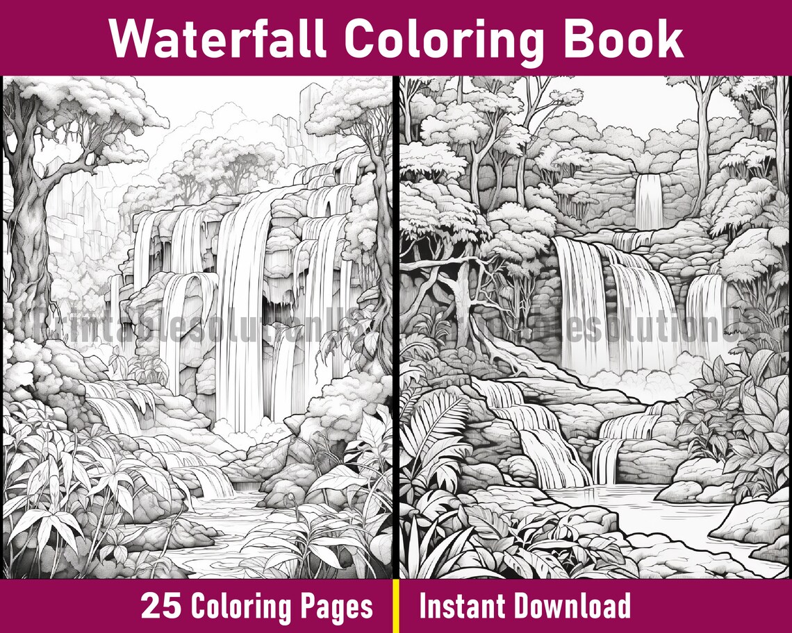 Waterfall Coloring Book V-4 Printable Nature Coloring Pages Black and ...