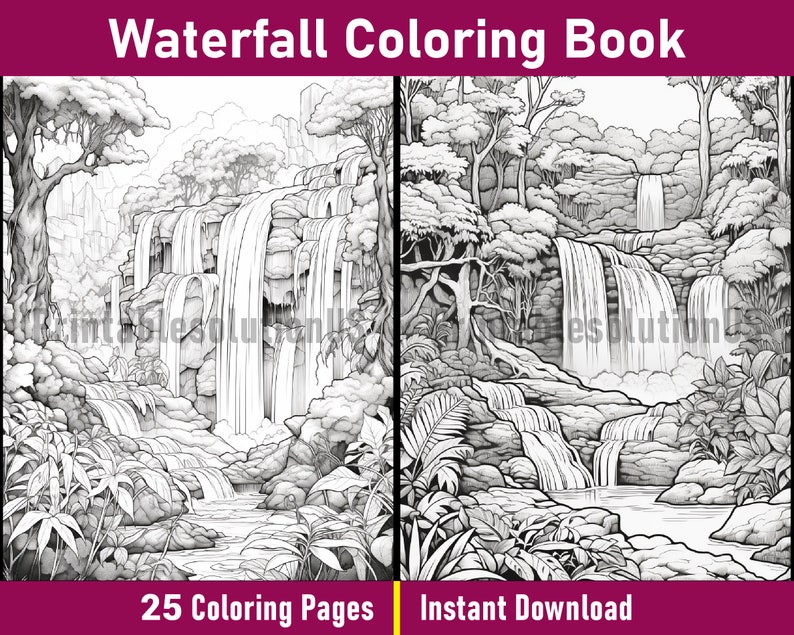Waterfall Coloring Book V-4 Printable Nature Coloring Pages Black and ...
