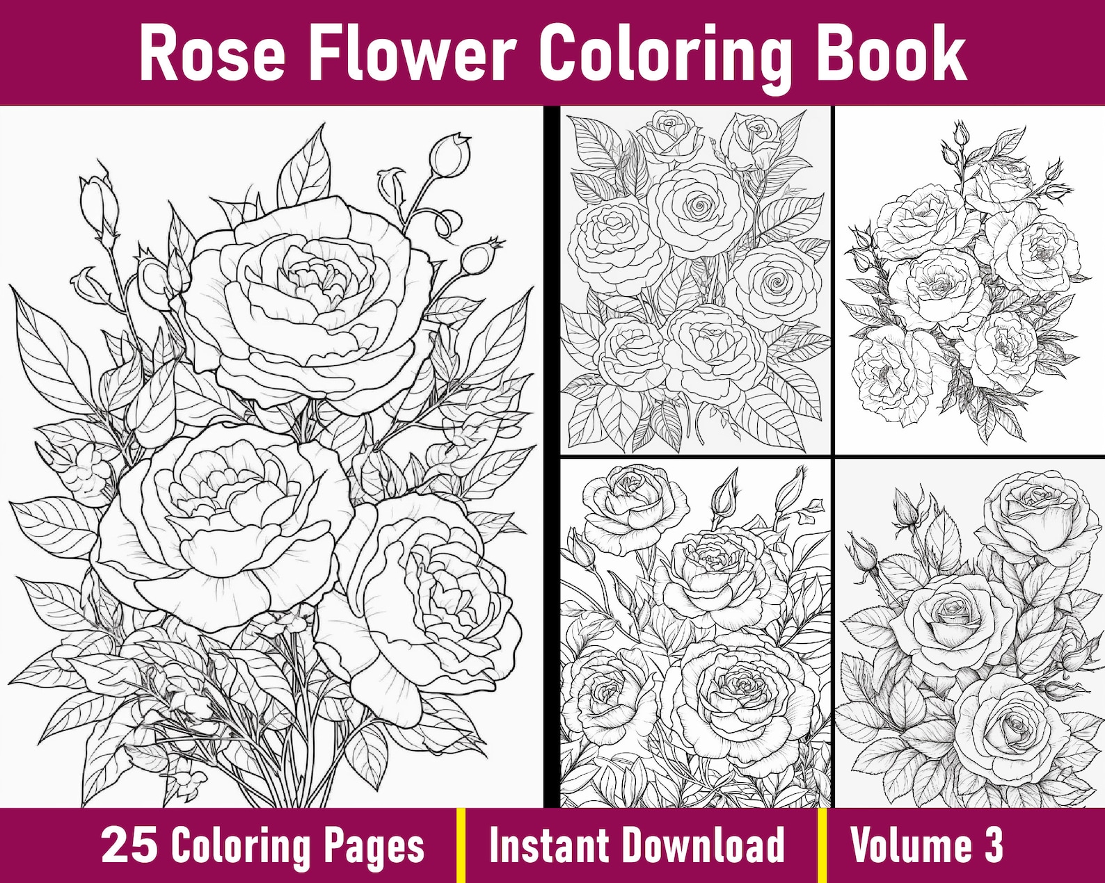 Rose Coloring Book | 25 Floral Pages, Grayscale for Adults (PDF File ...
