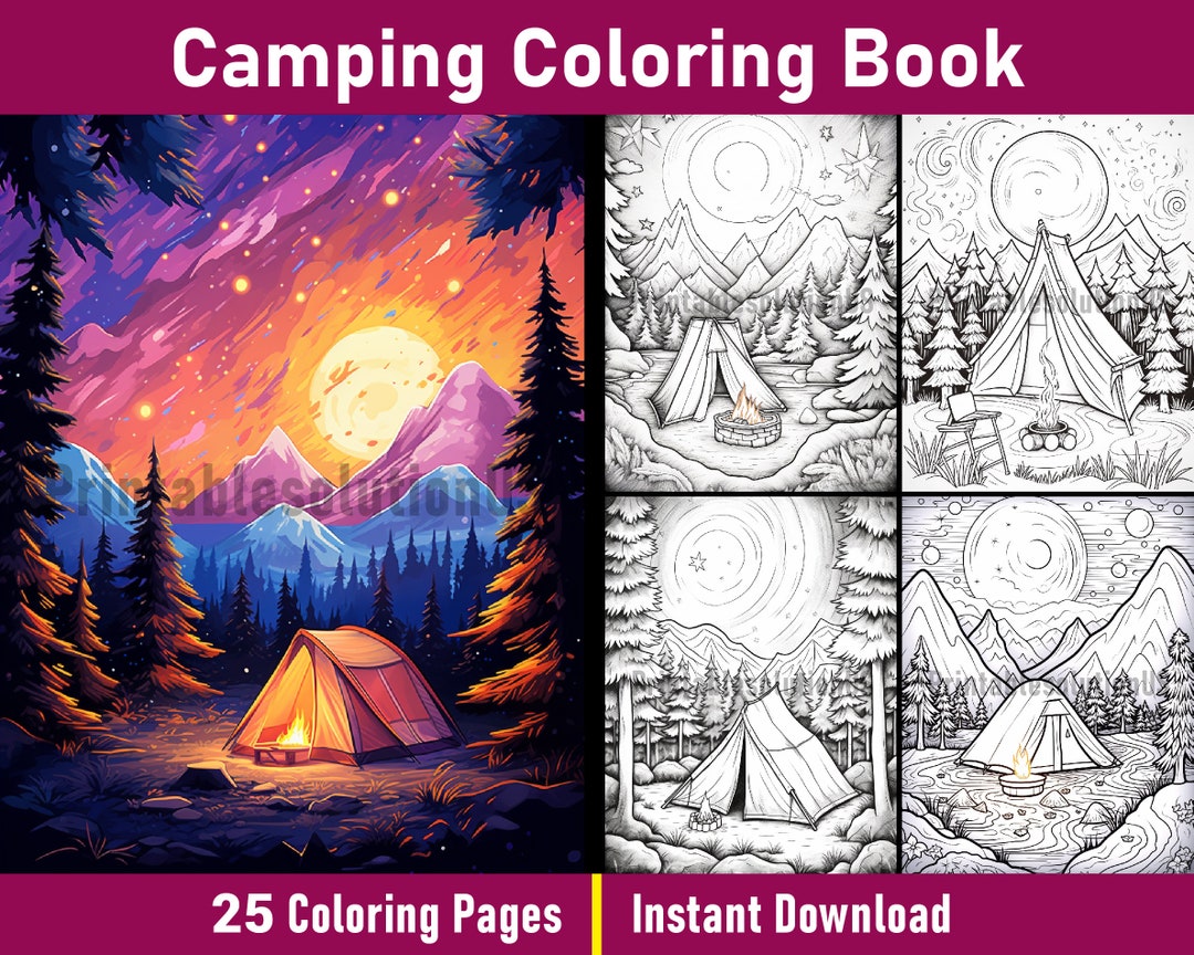 Camping Coloring Book | Printable Summer Coloring Pages | Grayscale ...