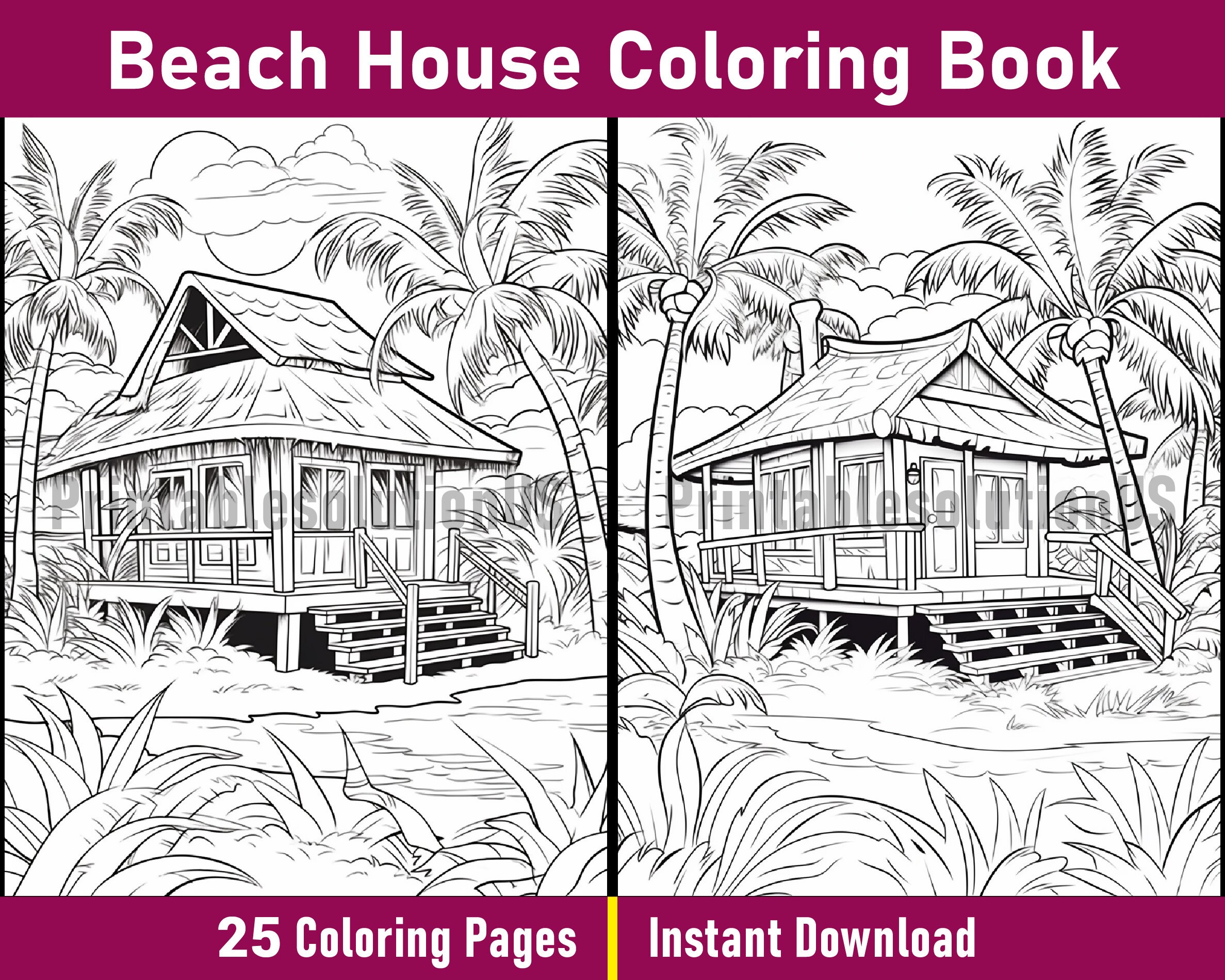 Beach House Coloring Book Pages | Printable Beach Cottage Coloring ...
