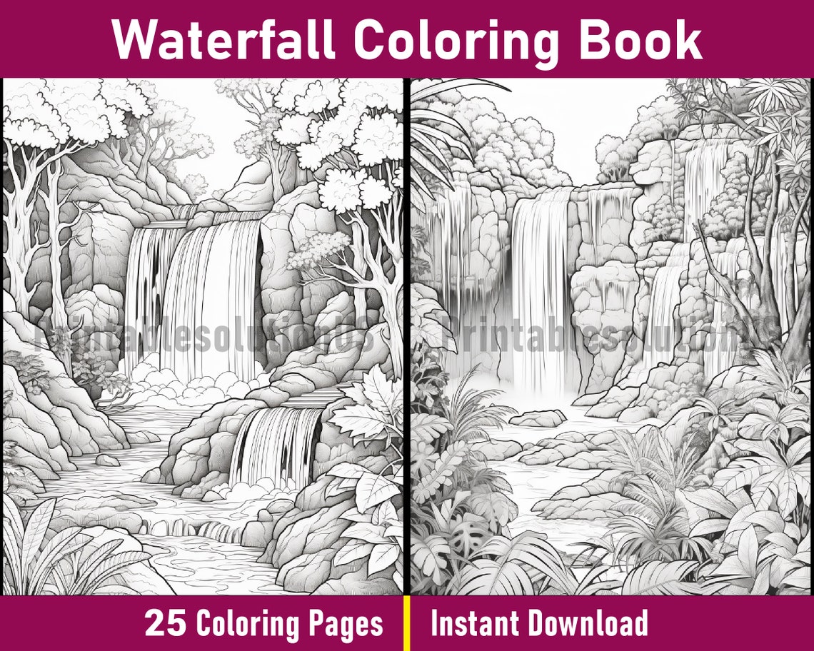 Waterfall Coloring Book V-4 Printable Nature Coloring Pages Black and ...