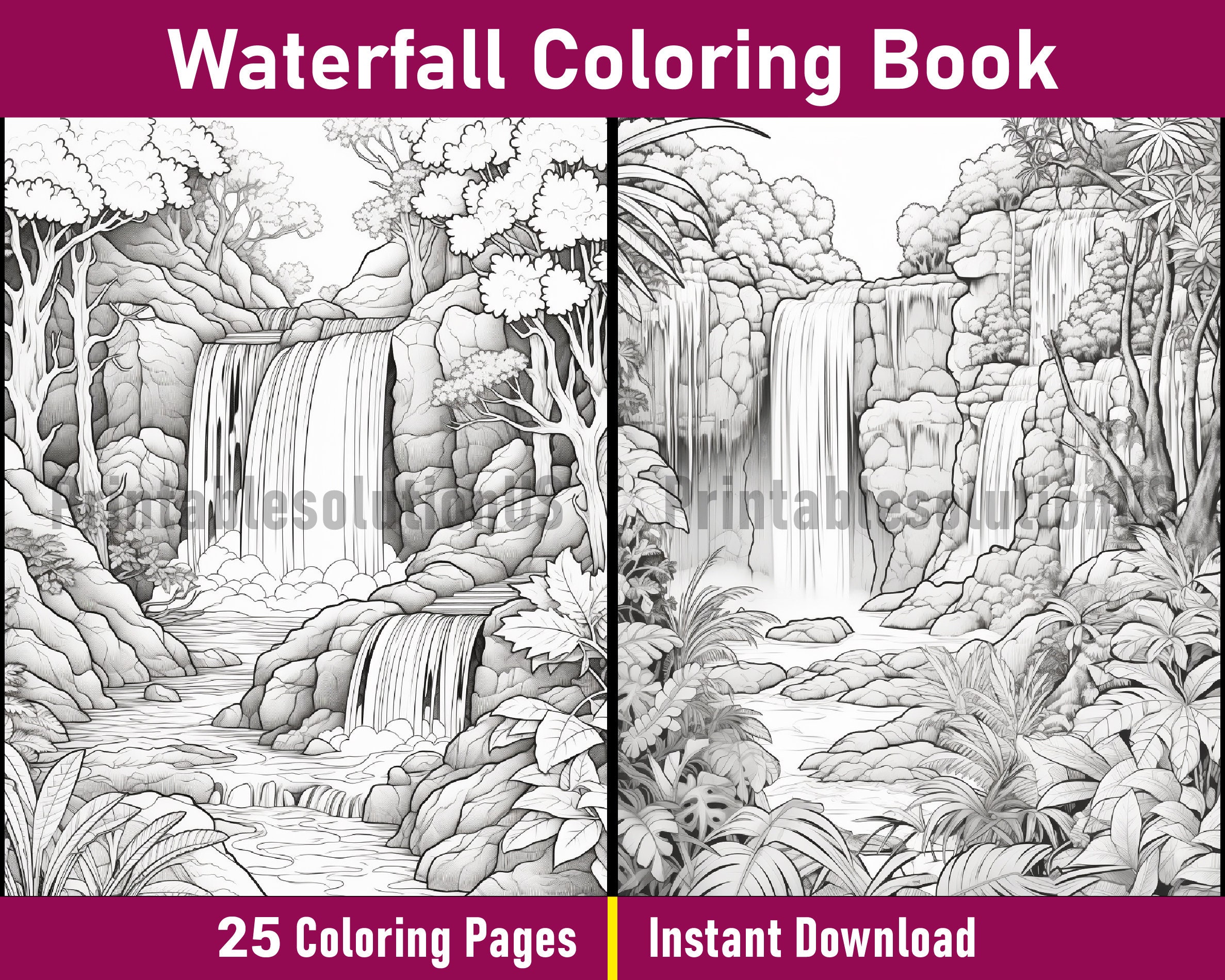 Waterfall Coloring Book V-4 Printable Nature Coloring Pages Black and ...