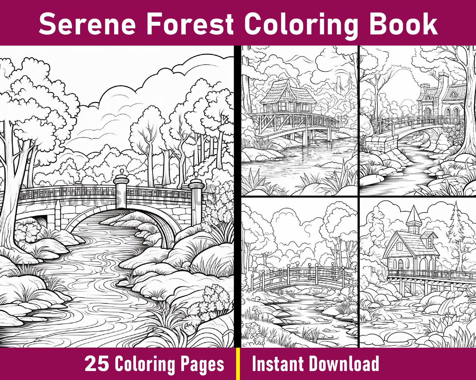Serene Forest Coloring Book Printable Forest House Coloring Pages Black ...
