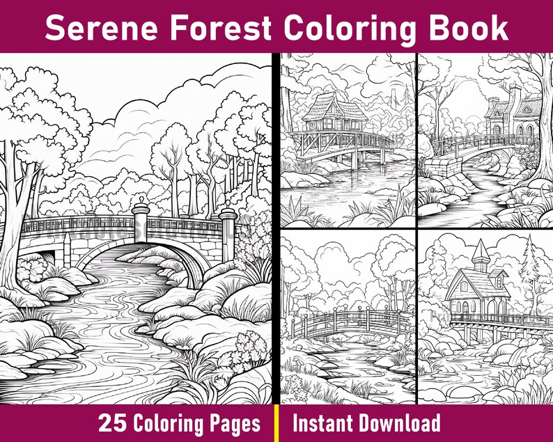 Serene Forest Coloring Book Printable Forest House Coloring Pages Black ...