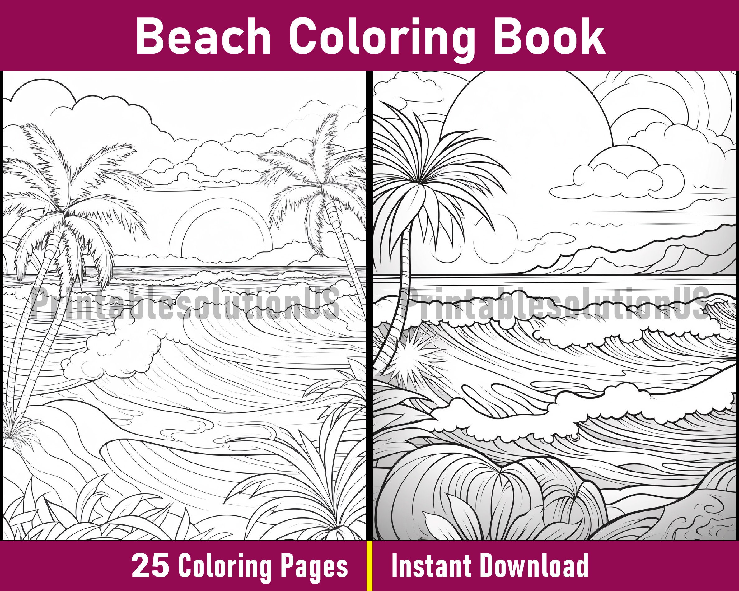 Beach Coloring Book | Printable Summer Coloring Pages | Black and White ...