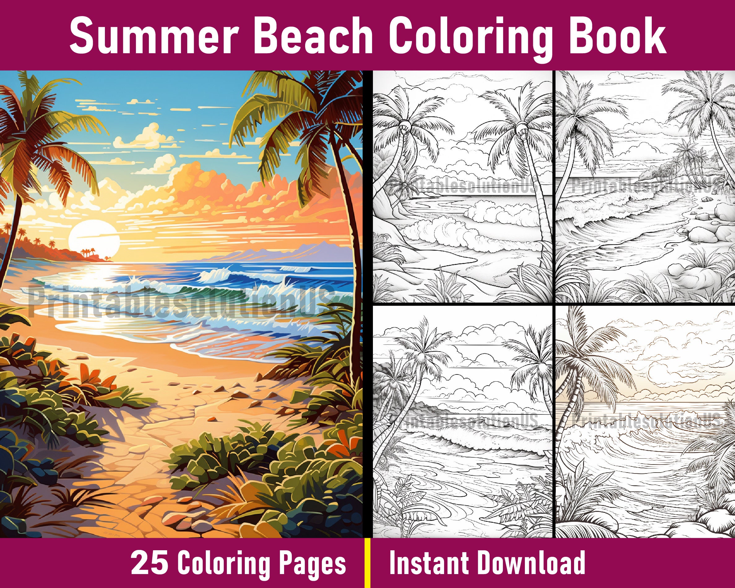Beach Coloring Book Printable Summer Coloring Pages Black and White ...