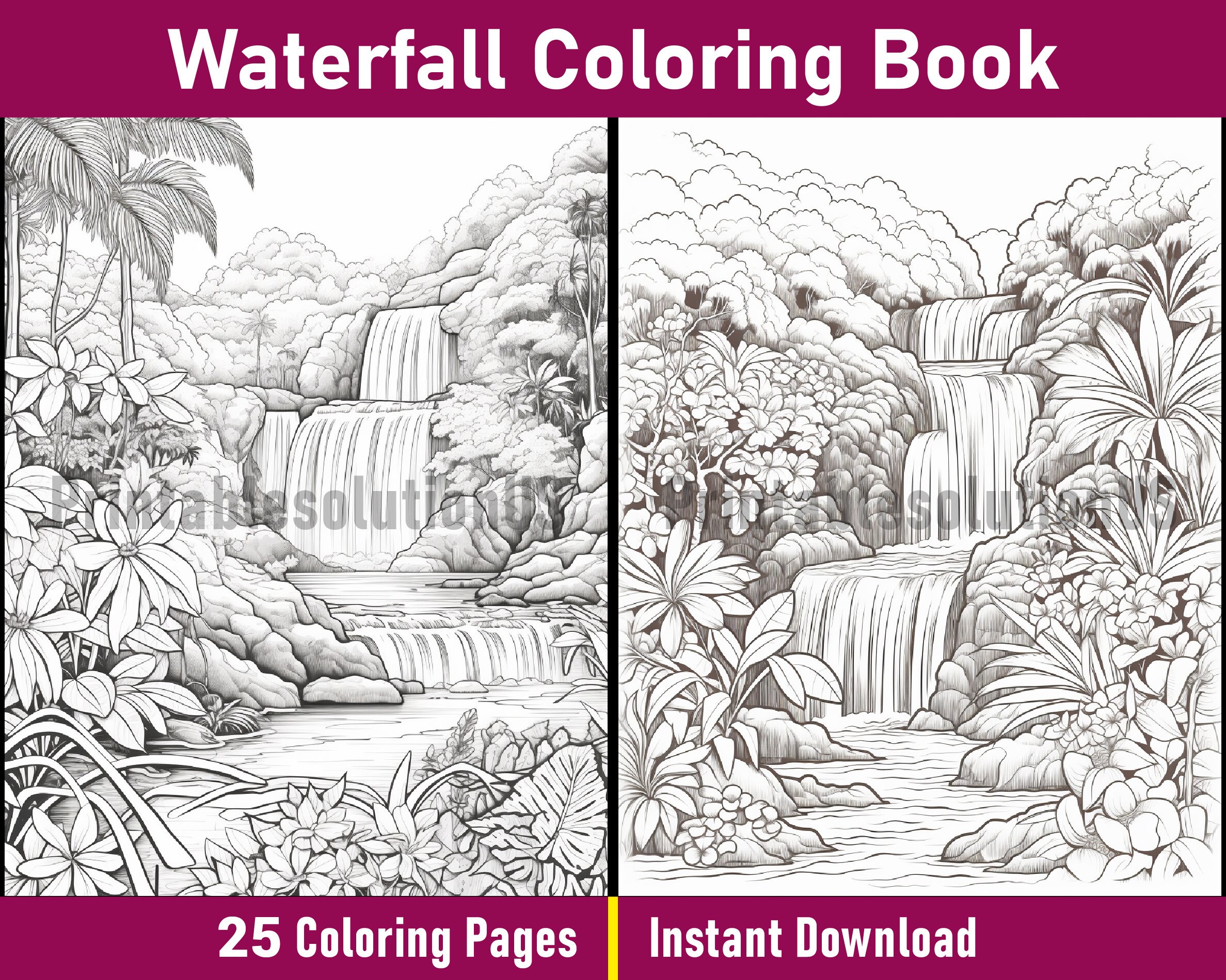 Waterfall Coloring Book V-3 Printable Nature Coloring Pages Black and ...