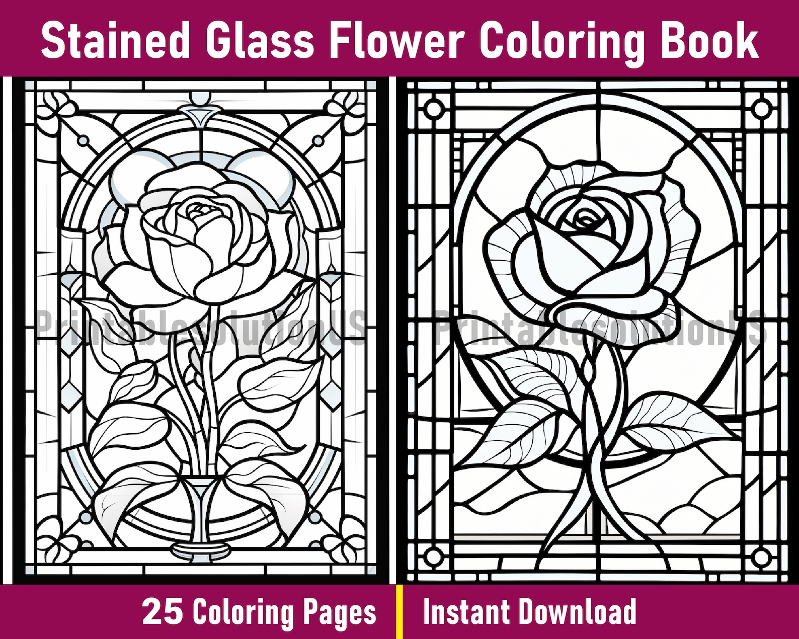 Stained Glass Rose Coloring Book Vol-2 | Rose Flower Coloring Pages ...