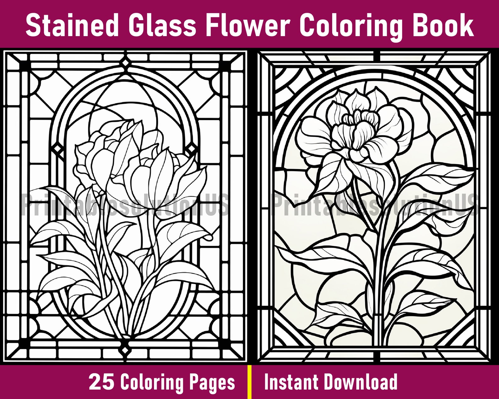 Stained Glass Rose Coloring Book Vol-2 | Rose Flower Coloring Pages ...