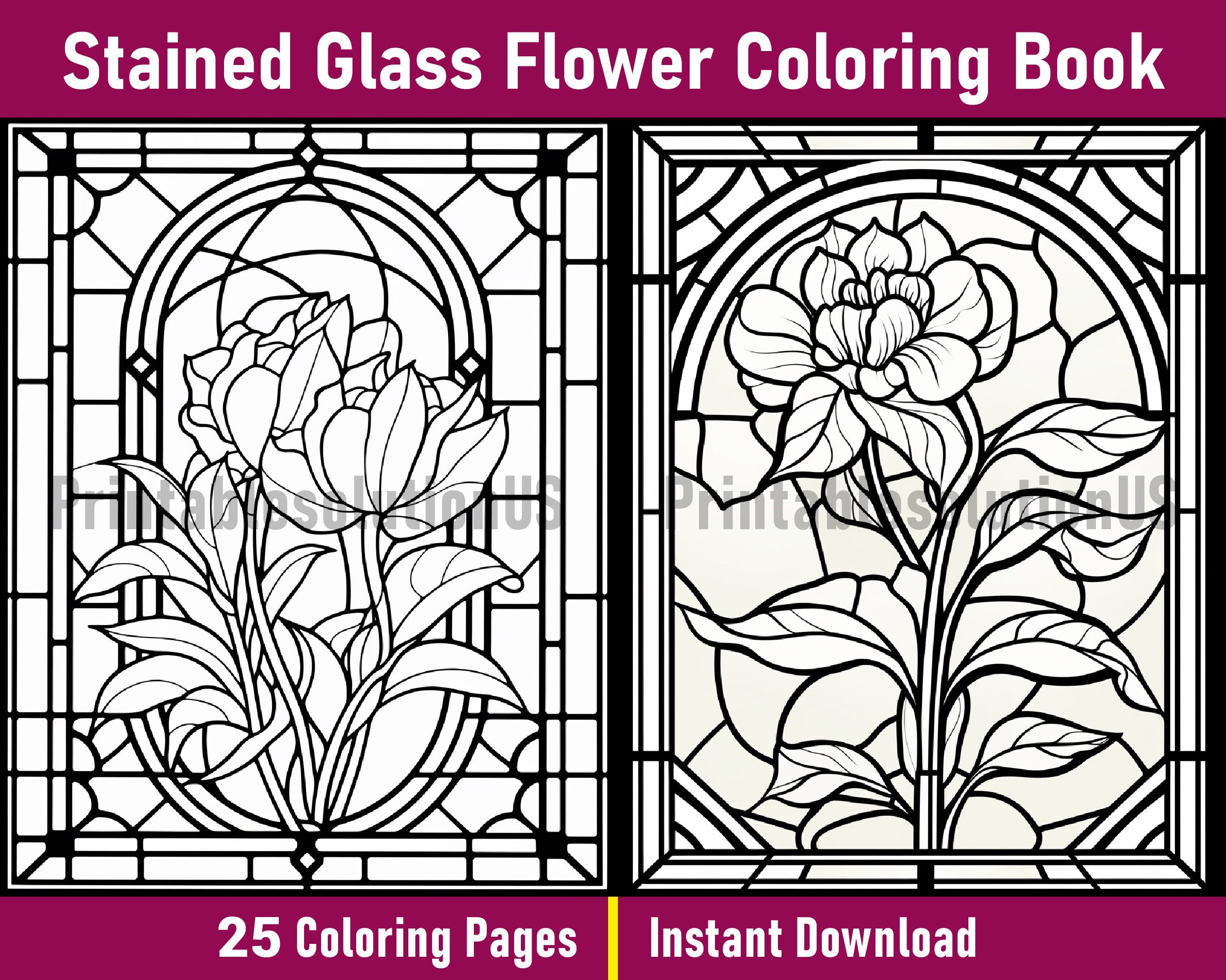 Stained Glass Rose Coloring Book Vol-2 | Rose Flower Coloring Pages ...