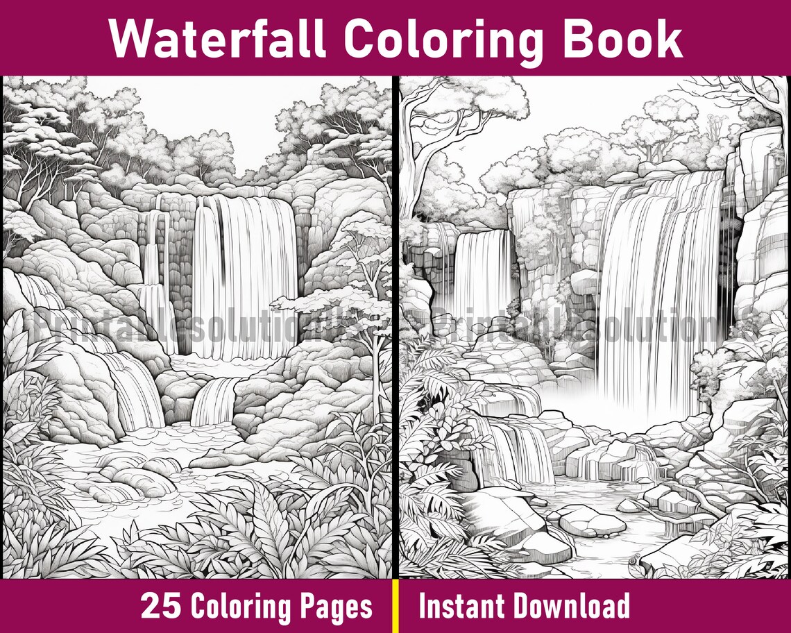Waterfall Coloring Book V-4 Printable Nature Coloring Pages Black and ...