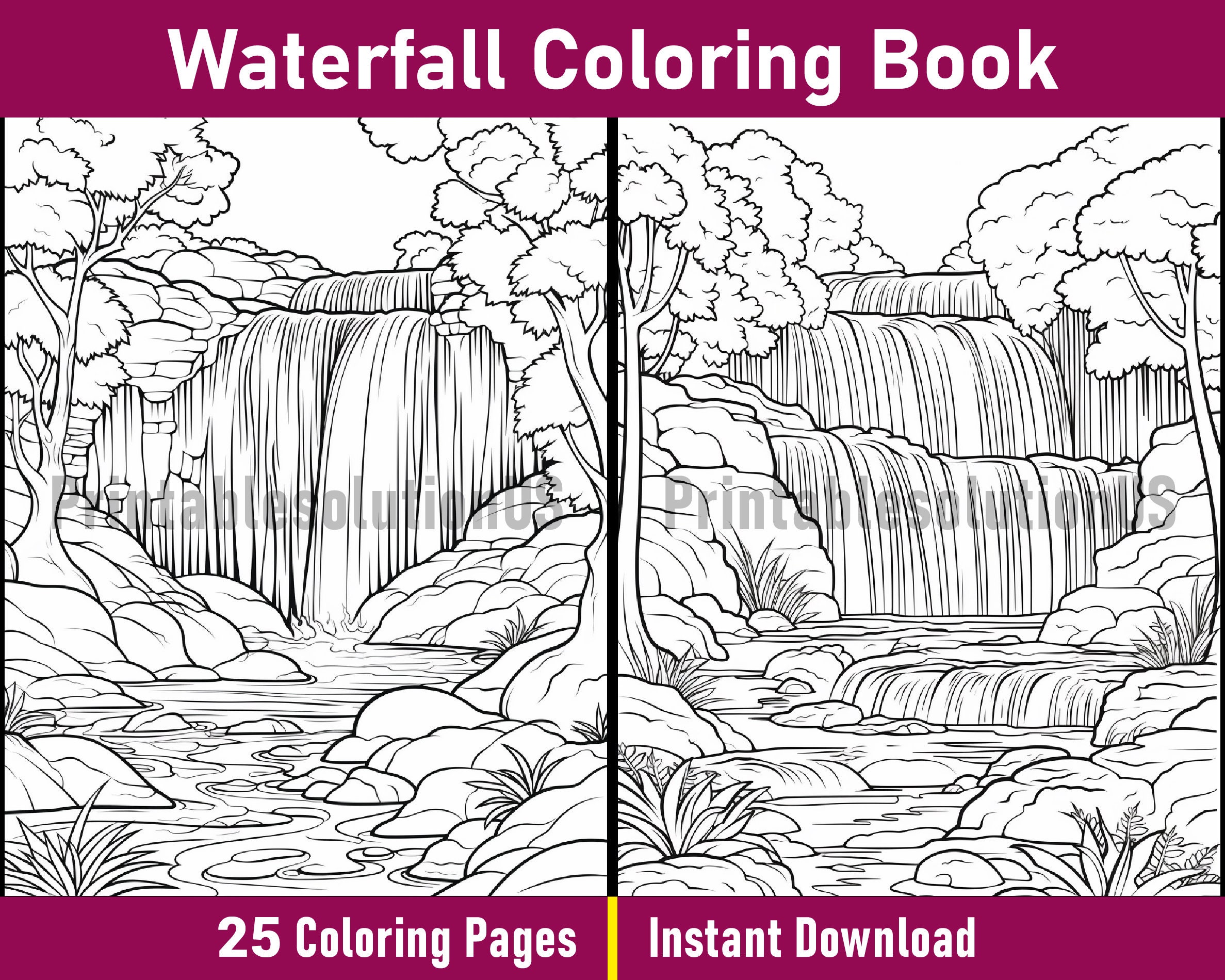 Waterfall Coloring Book V-5 Printable Nature Coloring Pages Black and ...
