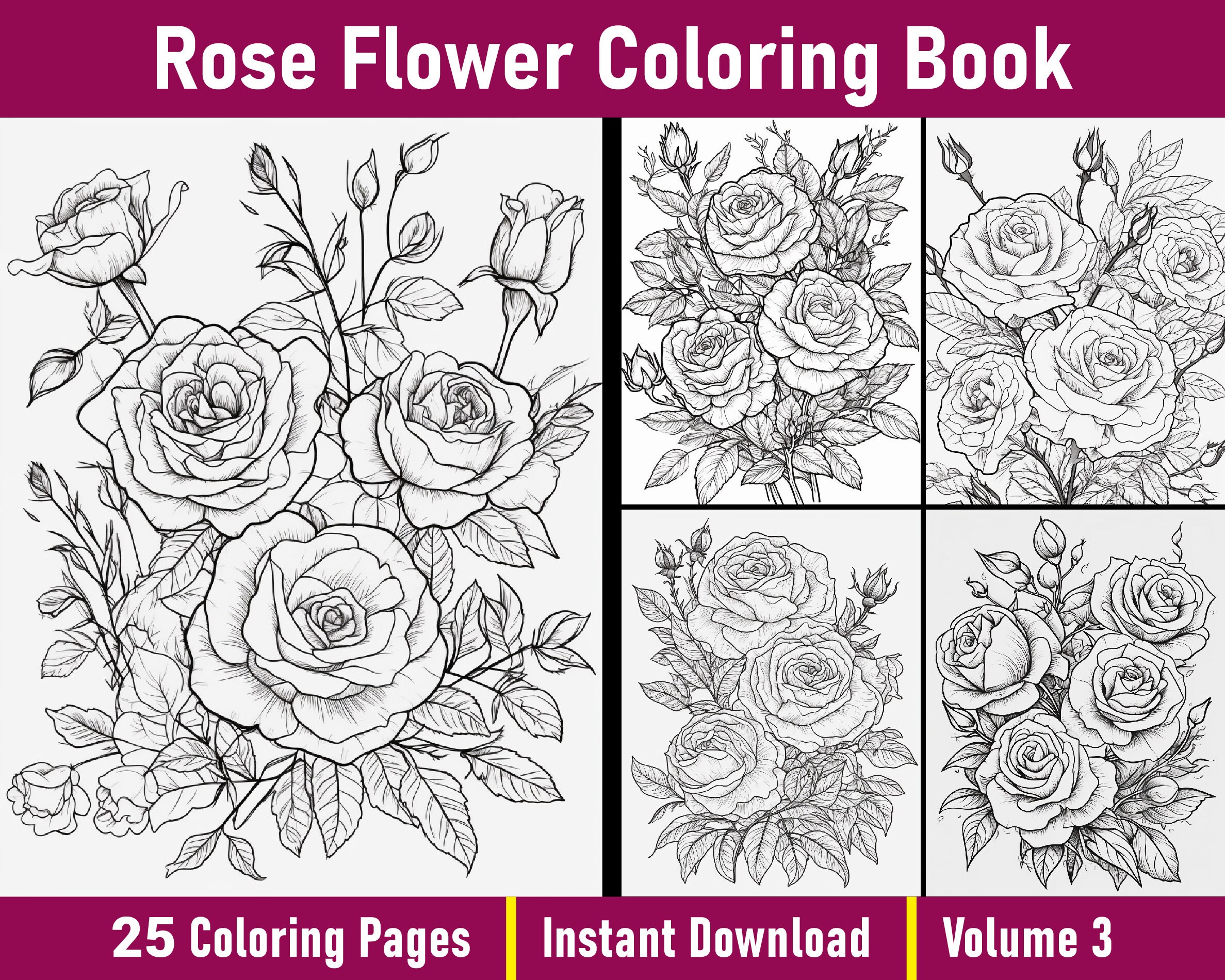 Rose Coloring Book | 25 Floral Pages, Grayscale for Adults (PDF File ...