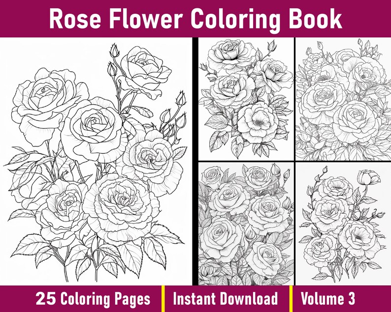 Rose Coloring Book | 25 Floral Pages, Grayscale for Adults (PDF File ...