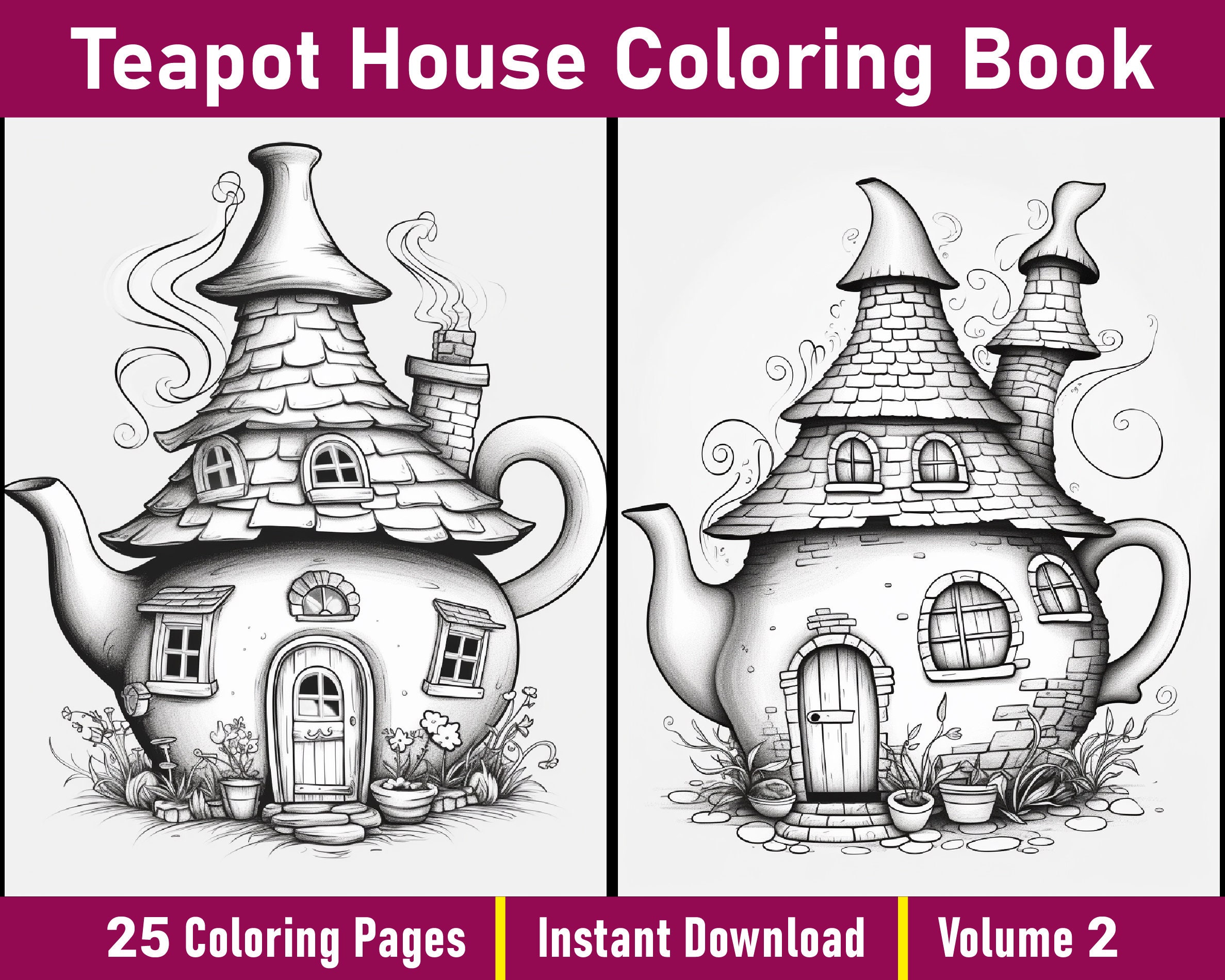 Teapot House Coloring Book V-2 | Whimsical Teapot Fairy House Coloring ...