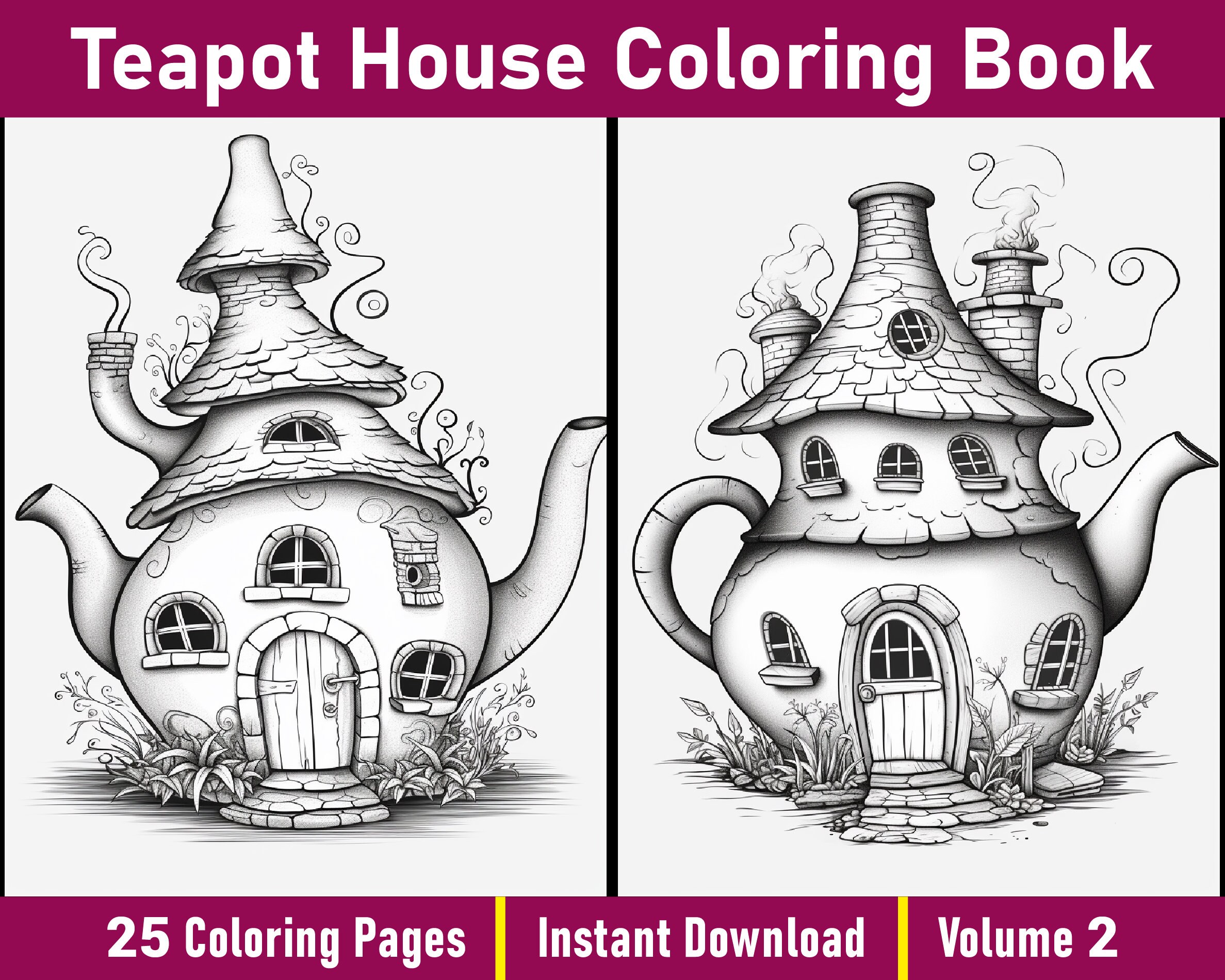 Teapot House Coloring Book V-2 | Whimsical Teapot Fairy House Coloring ...