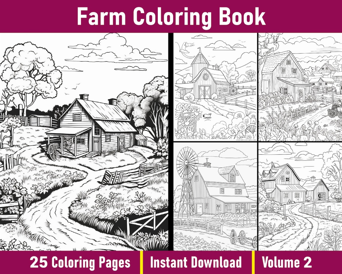 Farm Coloring Book Volume 2 | Farm Coloring Pages Printable | Grayscale ...