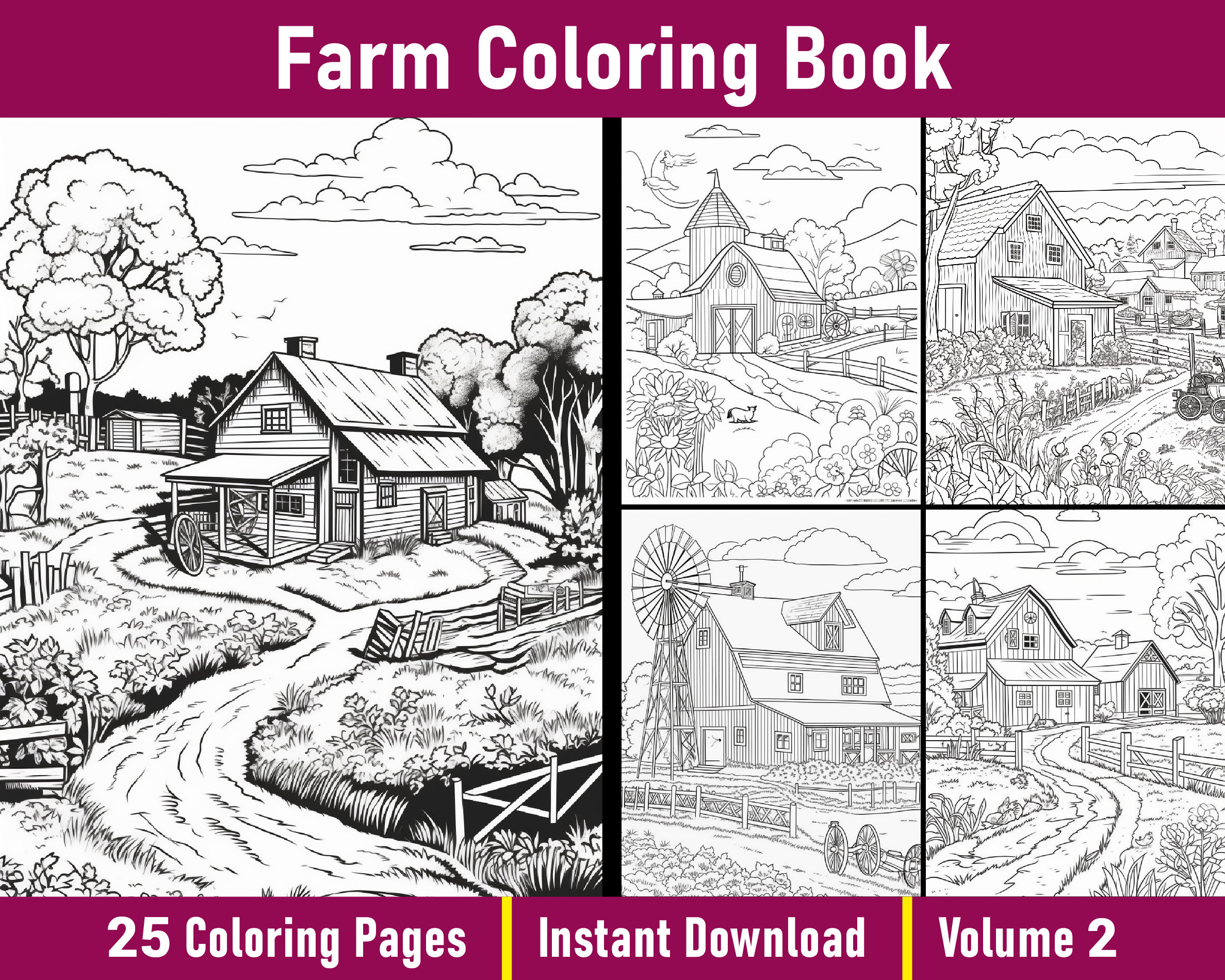 Farm Coloring Book Volume 2 | Farm Coloring Pages Printable | Grayscale ...